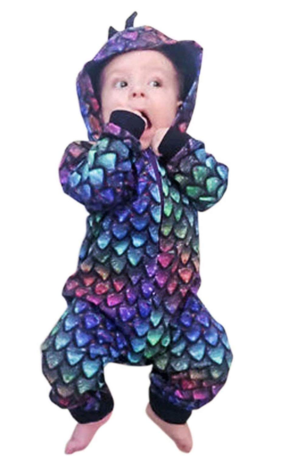Yuemengxuan Newborn Infant Baby Boys Girls Cartoon Dragon Dinosaur Hooded Romper Jumpsuit Pajamas Outfits (Multicoloured, 0-6Months)