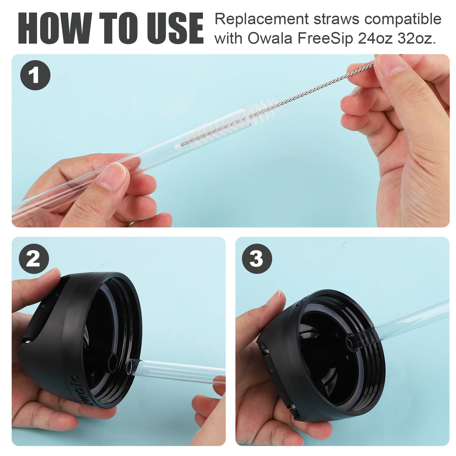 2pcs Replacement Stopper Cap Compatible with Owala Freesip 24oz 32oz, with 4 Reusable Replacement Plastic Straws 1 Cleaning Brush Seal Water Bottle Top Lid Accessories