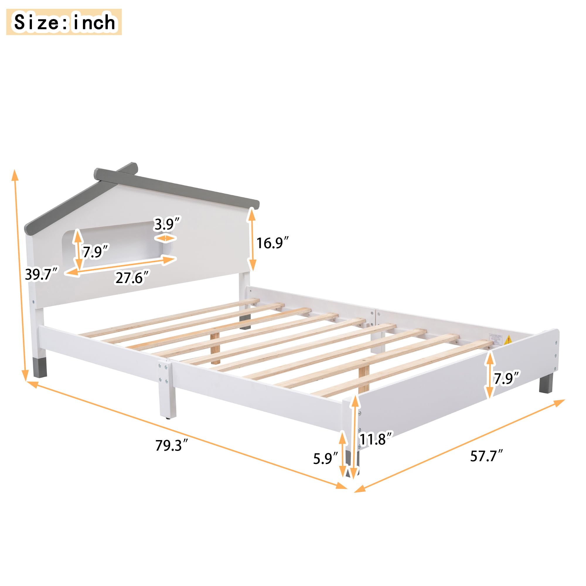 Full Size House Platform Bed with LED Lights, Wood Kids Floor Bed Frame with Headboard and Slats Support, No Box Spring Needed, White with Pink