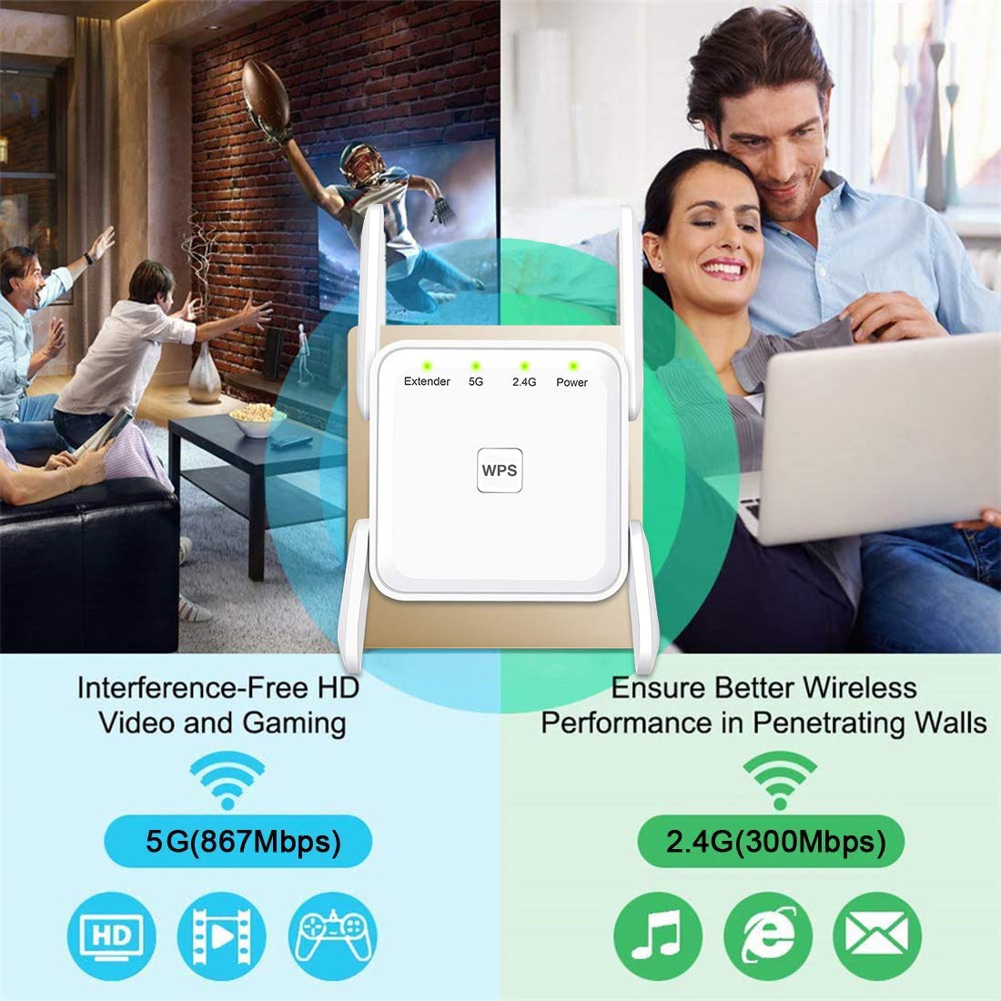 WiFi Range Extender, 1200Mbps WiFi Range Extender Wireless Signal Repeater Booster, Dual Band 2.4G and 5G Expander, 4 Antennas 360° Full Coverage, Extend WiFi Signal to Smart Home Devices(1200M)