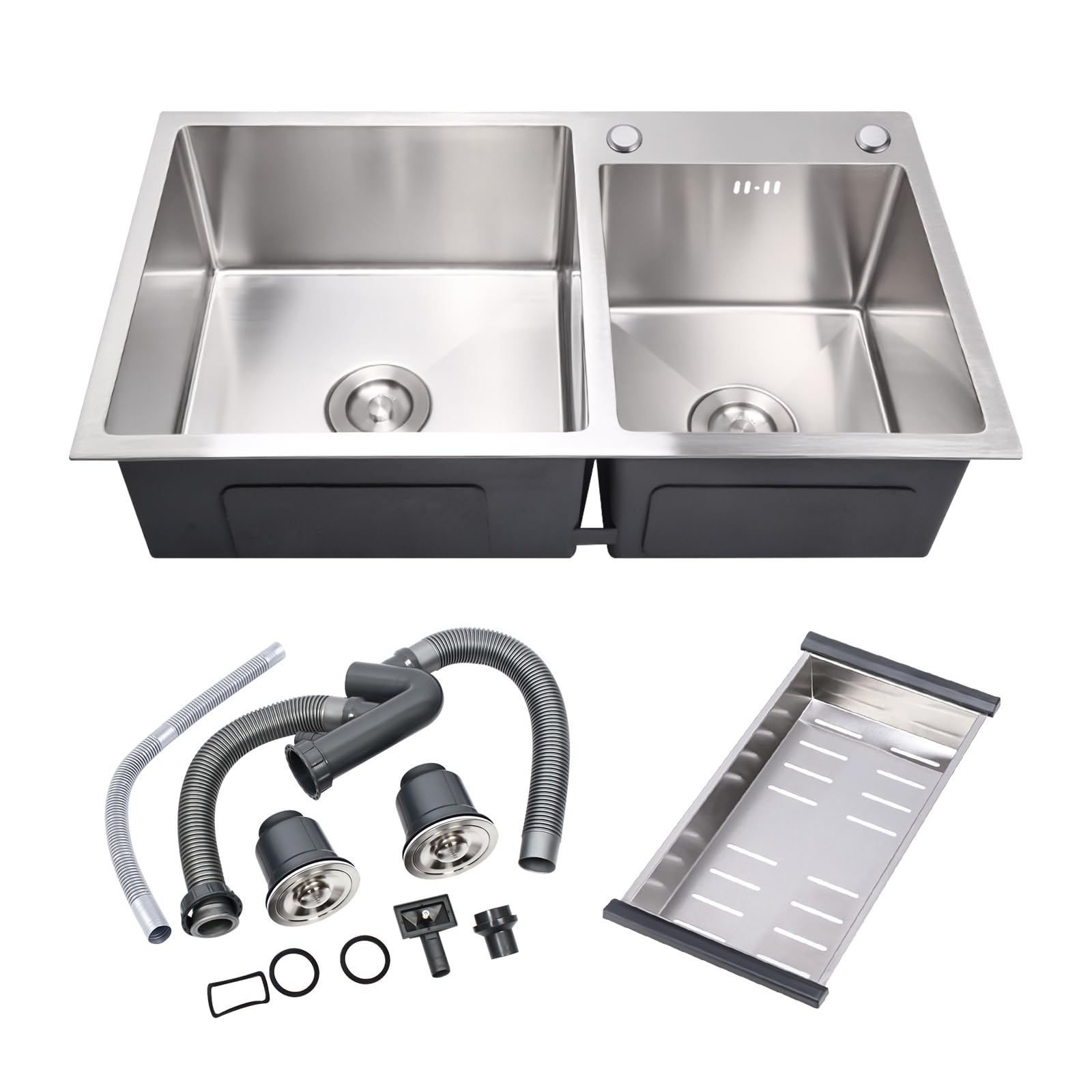 DuyviSteil T-304 Modern Nano-Coated Stainless Steel Kitchen Sink, Drop in & Topmount Double Bowl Sinks with Drainage Pipes and Fruit Baskets (30.7 x 16.9)