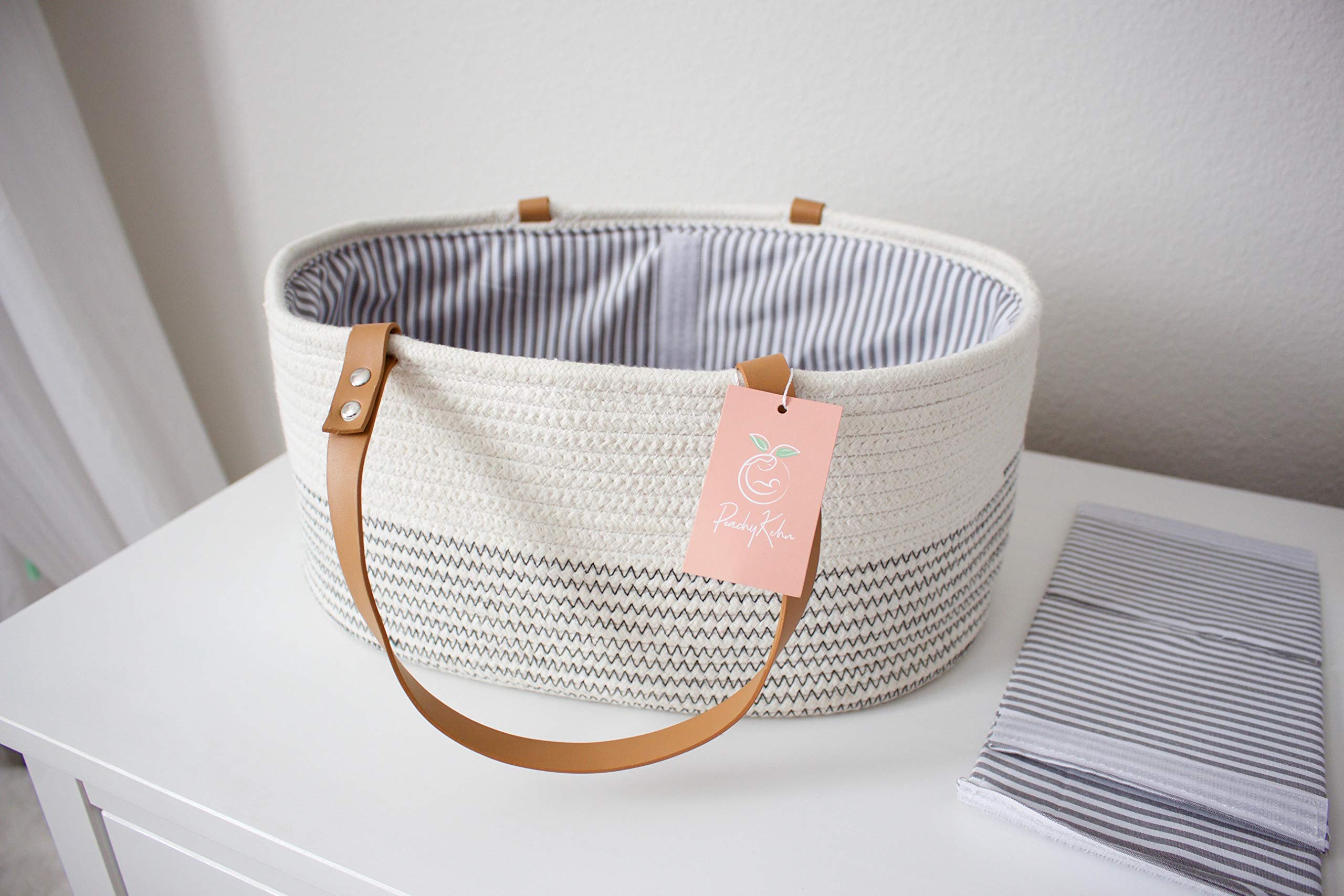 PeachyKehn Rope Baby Diaper Caddy Organizer – Trendy Nursery Storage Bin – Large Woven Cotton Tote with Removable Inserts and Eco Leather Handles – Baby Car Organizer or Shower Gift Basket