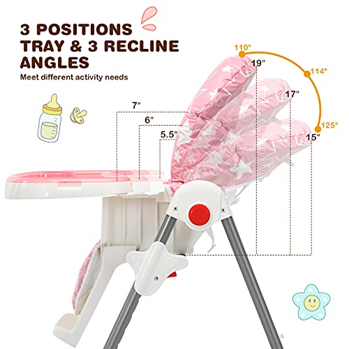 BABY JOY Folding High Chair for Babies & Toddlers, Infant Dining Chair w/Removable Dishwasher Safe Tray, 5-Point Safety Belt, Wheels, Detachable Cushion, Adjustable Backrest Footrest & Height (Pink)