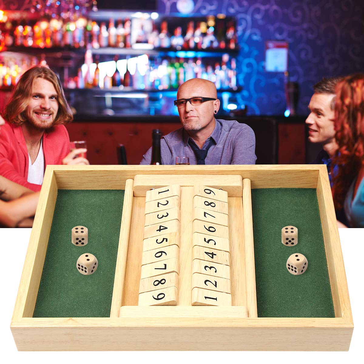 bouti1583 2 Player Shut The Box Game, Double-Sided Classic 9 Number Wooden Set with Dice Tabletop English Pub Game