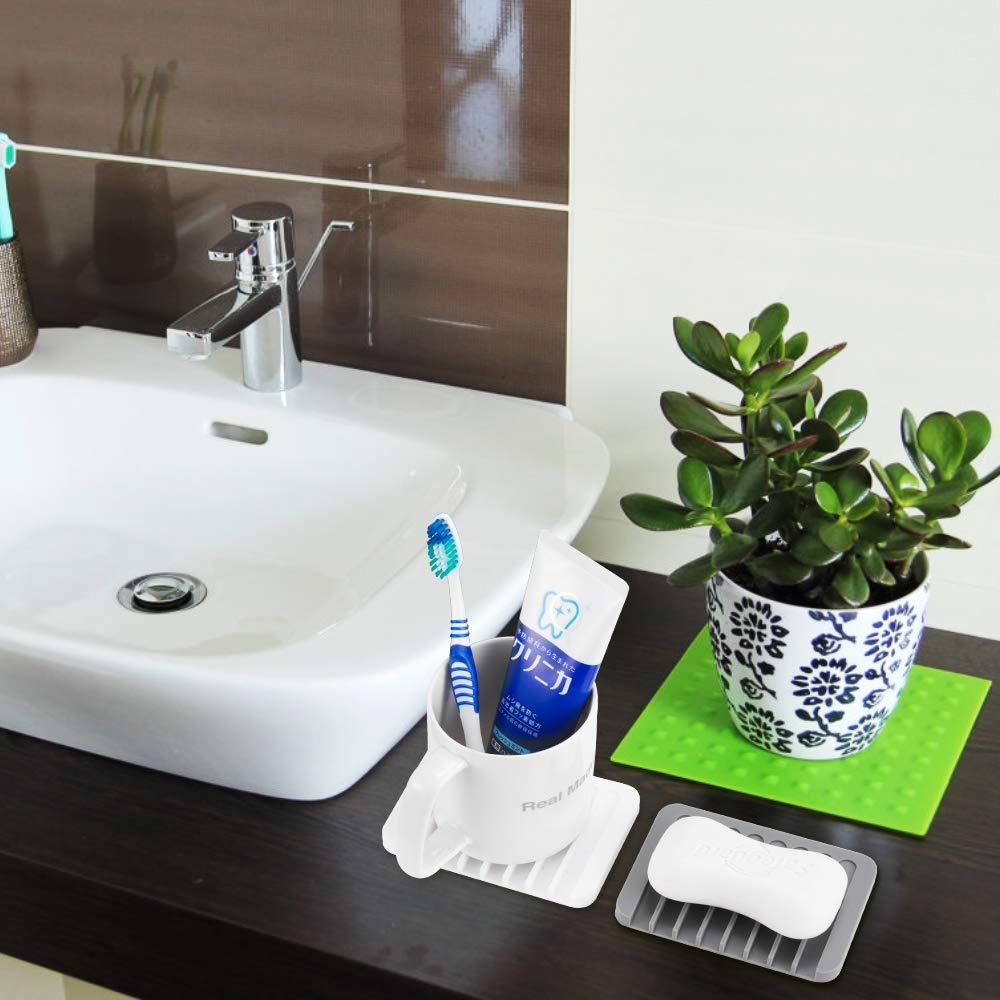 2PCS Soap Dish Holder, Premium Silicone Soap Dishes for Shower Bathroom Kitchen Sinks, Soap Tray Saver Drainer, Self-draining Waterfall, Non-Slip Design, Easy Cleaning (White, Gray)