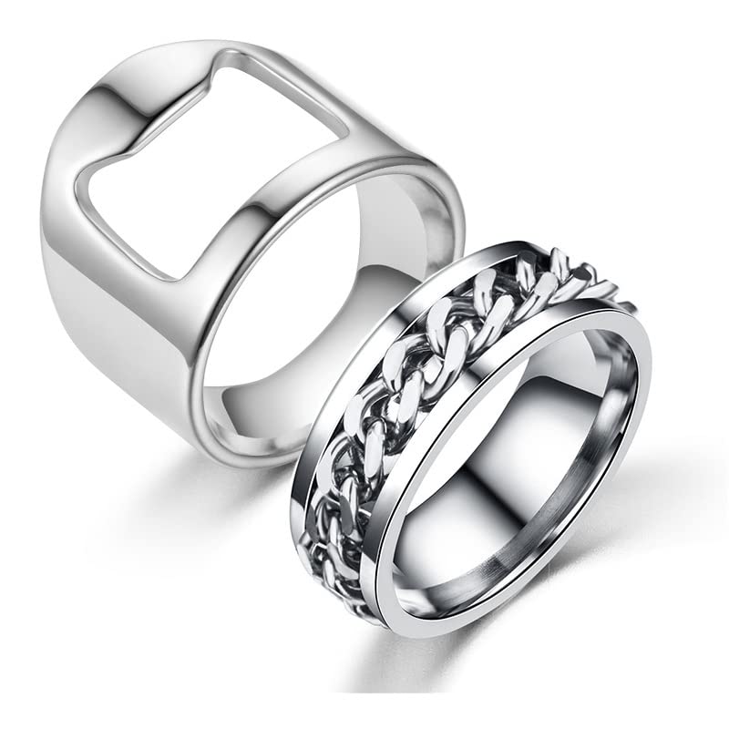 2Pcs Stainless Steel Anxiety Ring, Spinner Chain Thumb Beer Bar Opening Ring Set for Men Women BFF Gift Jeweley-Silver