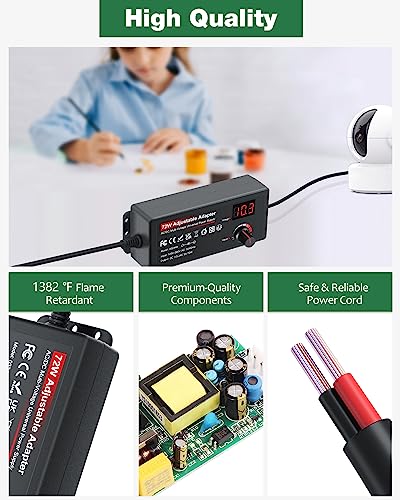 JOVNO Universal Power Supply 3V-24V 3A 72W Adjustable AC/DC Adapter 100~240V AC to DC 5V 9V 12V 15V 19V 20V with LED Display 14 Plugs 1 Reverse Polarity Converter Cable for LED Strips Motors Speaks