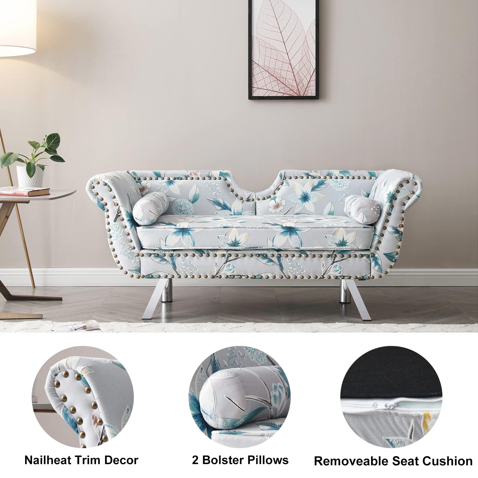 TMEOSK 61”Velvet Loveseat Accent Couch Sofa with 2 Pillows, Modern Upholstered Sleeper Sofa with Removable Cushion and Nailhead Trimming for Living Room Bedroom Apartment (Flower)