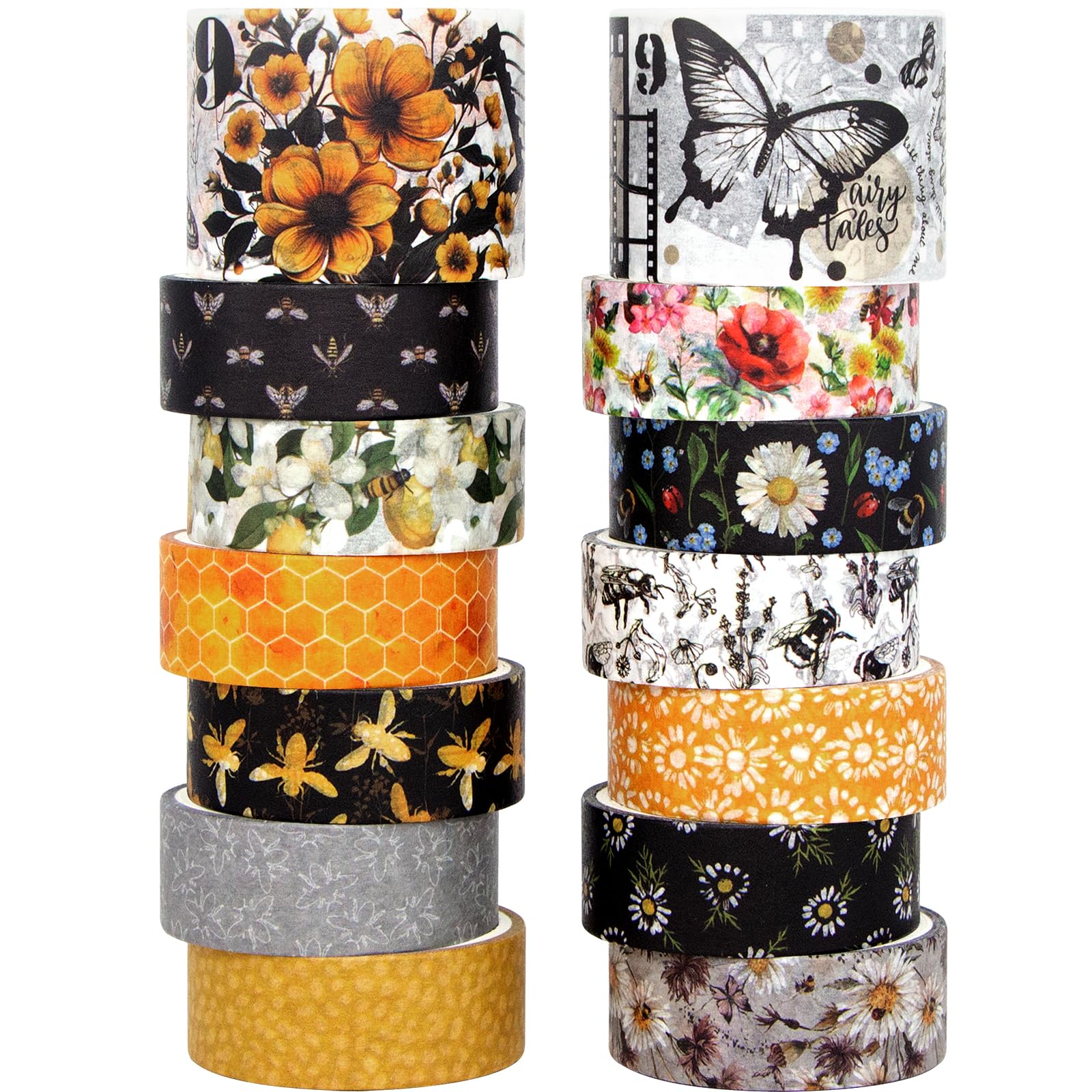 KOVANO Washi Tape Set 14 Rolls, Vintage Bee Floral Butterfly Botanical Washi Tape, Yellow Black Decorative Tapes for Scrapbooking Supplies, Junk Journal, Bullet Journaling, Art Crafts