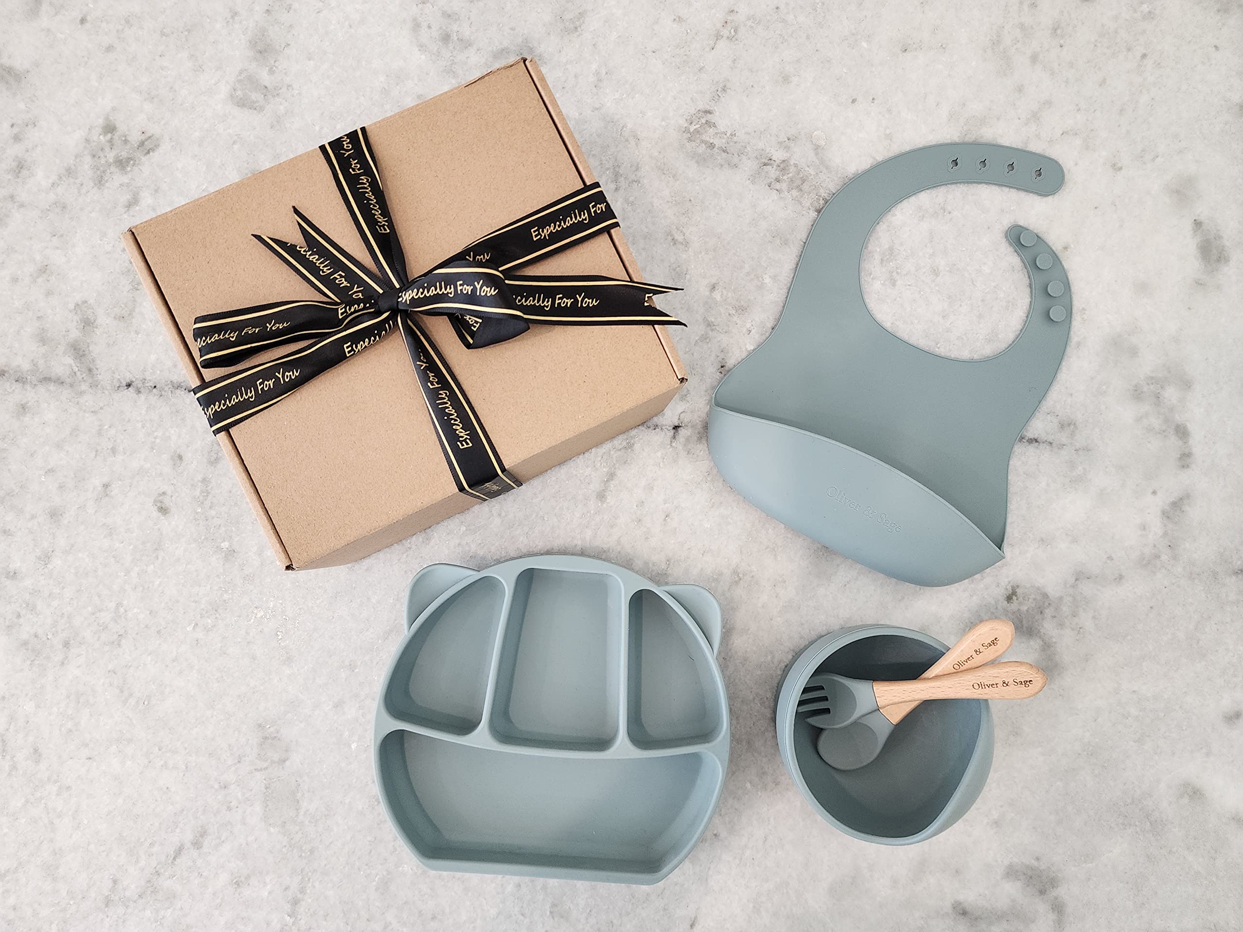 Oliver & Sage Baby, Toddler Silicone Feeding Set, Tableware Set | BPA Free | Suction Bowl Suction Plate | Adjustable Bib | Wooden Spoon/Fork Utensils | Waterproof | Easy Clean|5 Piece (Dusty Blue)