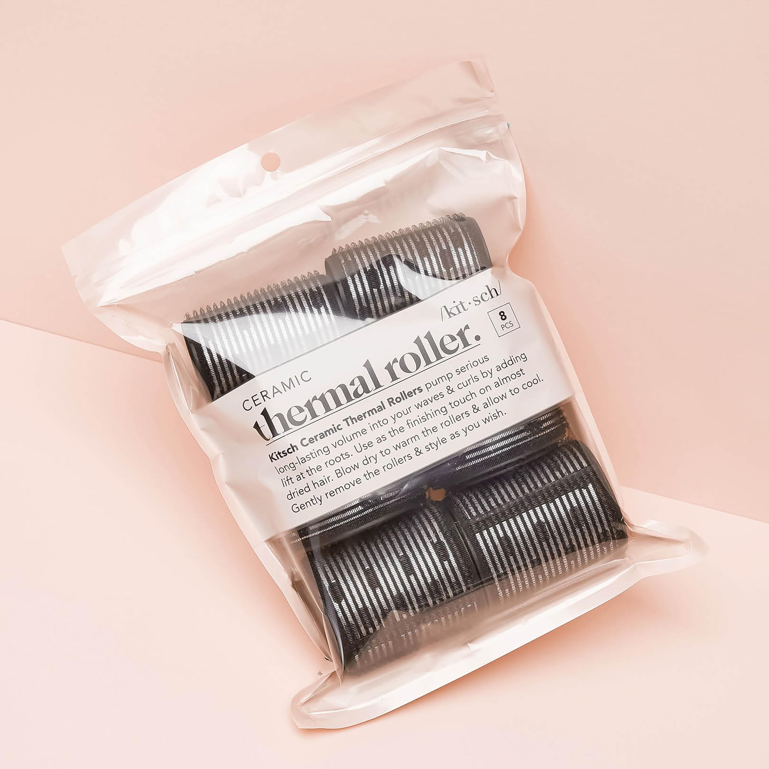 Kitsch Ceramic Thermal Rollers - Self Grip Hair Rollers for Blowout Look Long Hair, Curlers for Short Hair and Medium Hair, Volume Curls, Ceramic Coated Core, Valentines Gift for Her - Black, 8pc