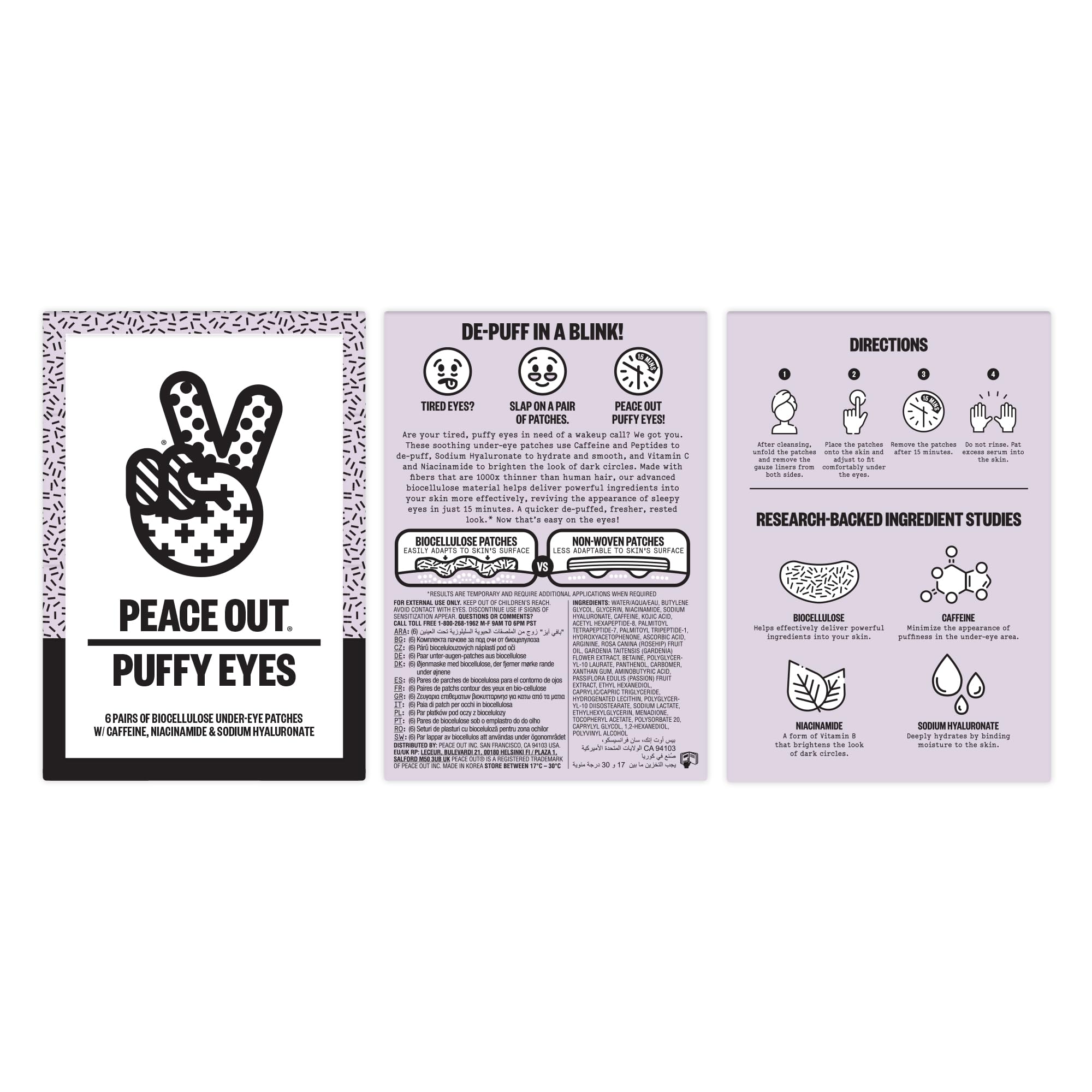 PEACE OUT Skincare Puffy Eyes, Biocellulose Under-Eye Mask, Minimize Puffiness & Tired Eyes with Caffeine and Niacinamide, Under Eye Patches for Dark Circles, 6 pairs