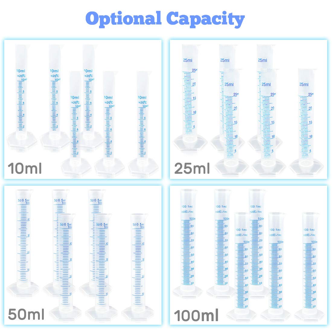 Kalevel 6pcs Measuring Graduated Cylinders 50ml Measuring Cylinders Clear Plastic Graduated Cylinders Test Tubes with Double Sided Markings, Pour Spout & Hexagonal Base