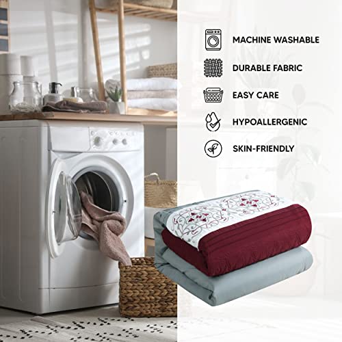 Chic Home BCS06738-AN Emily 20 Piece Comforter Set Color Block Floral Embroidered Bag Bedding, King, Burgundy