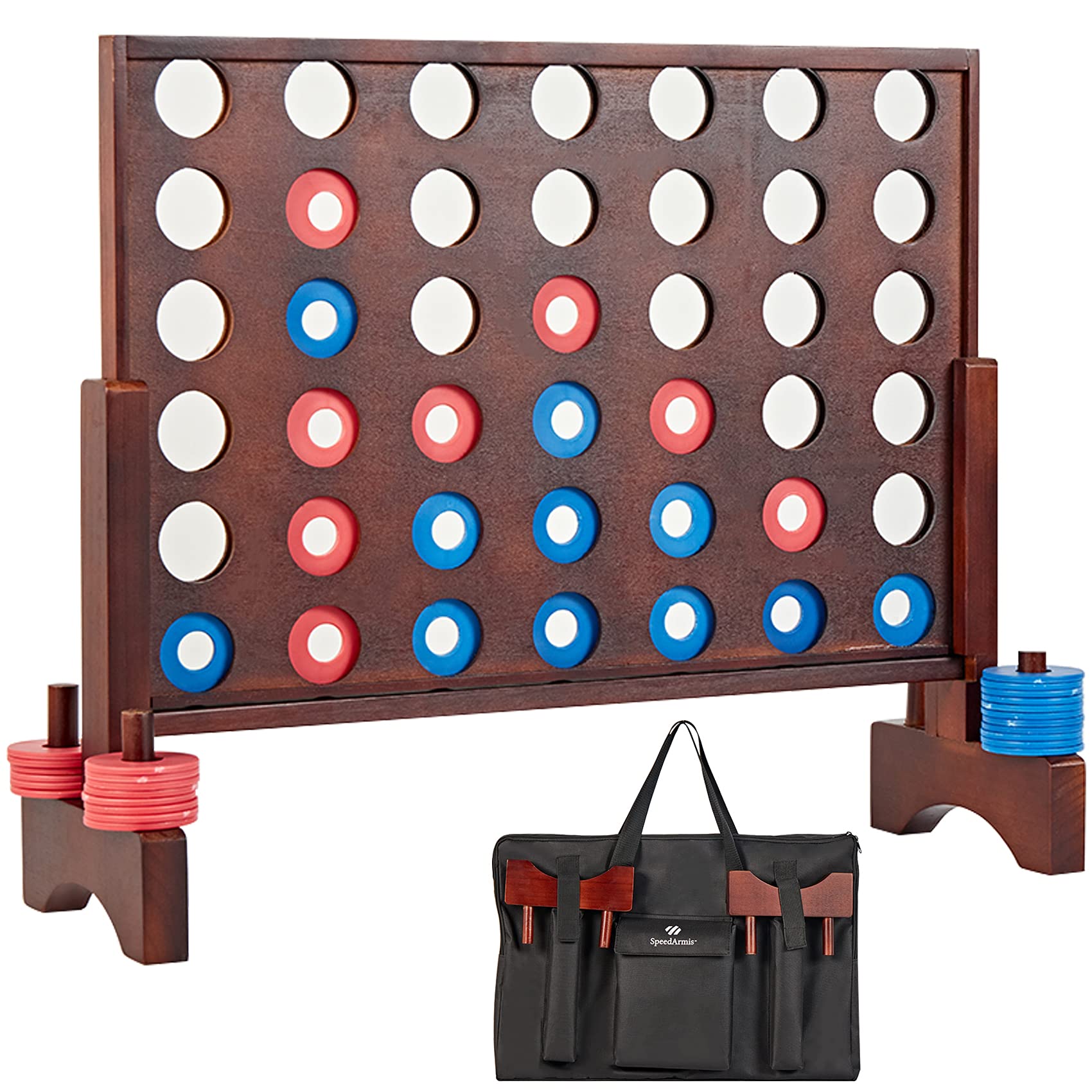 SpeedArmis Giant Wooden 4 in A Row Game - Fun Indoor and Outdoor Board Games for Teens, Includes 42 Pcs Dics and Carrying Bag