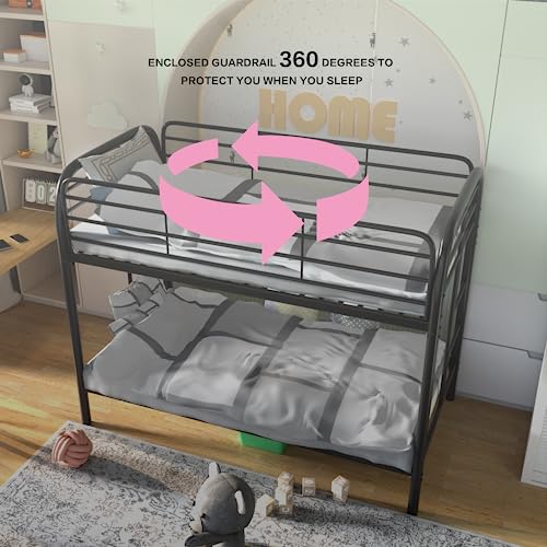 Aobabo Metal Bunk Bed Twin Over Twin, Full-Length Industrial Safety Rail Bunk Bed Frame with Ladder,Space Saving, Noise Free, Black