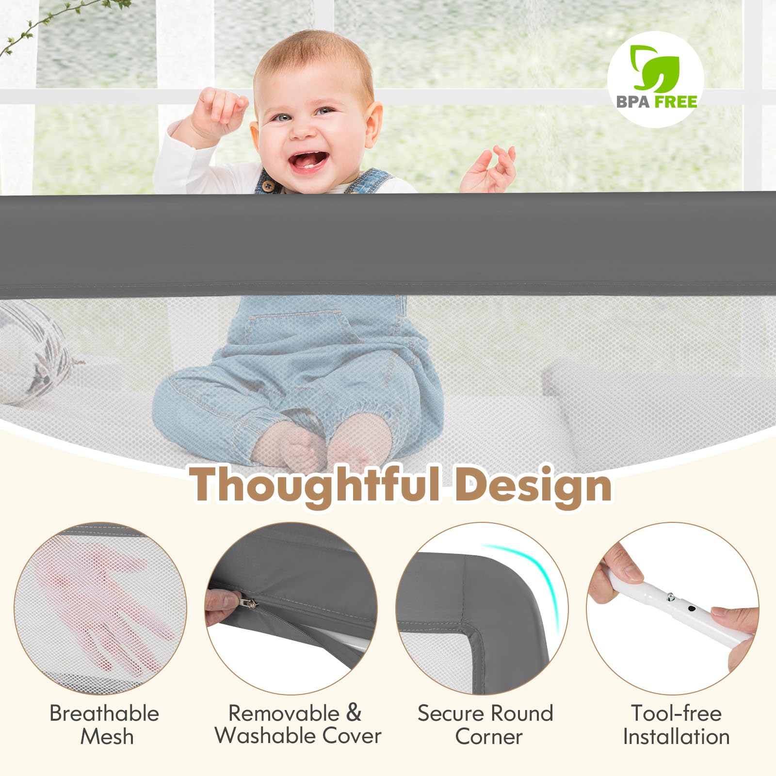 BABY JOY Bed Rails for Toddlers, 71'' Extra Long, Swing Down Bed Guard w/Safety Strap, Folding Baby Bedrail for Kids Twin, Double, Full Size Queen & King Mattress (71-Inch, Gray)