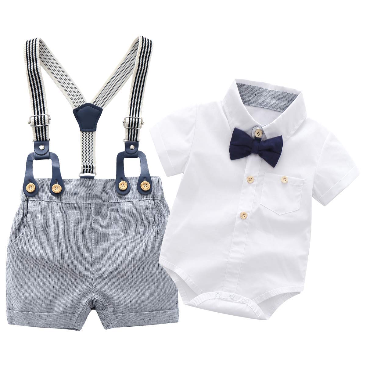 Newborn Baby Boys Gentleman Outfits Suits, Infant Short Sleeve Shirt+Bib Pants+Bow Tie Overalls Clothes Set,3-6M