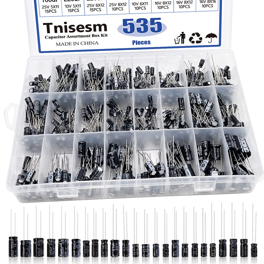 Tnisesm 535Pcs Electrolytic Capacitor 24 Value Range 0.1uF-1000uF Assortment Kit with Aluminum Radial Leads TN04-24Z