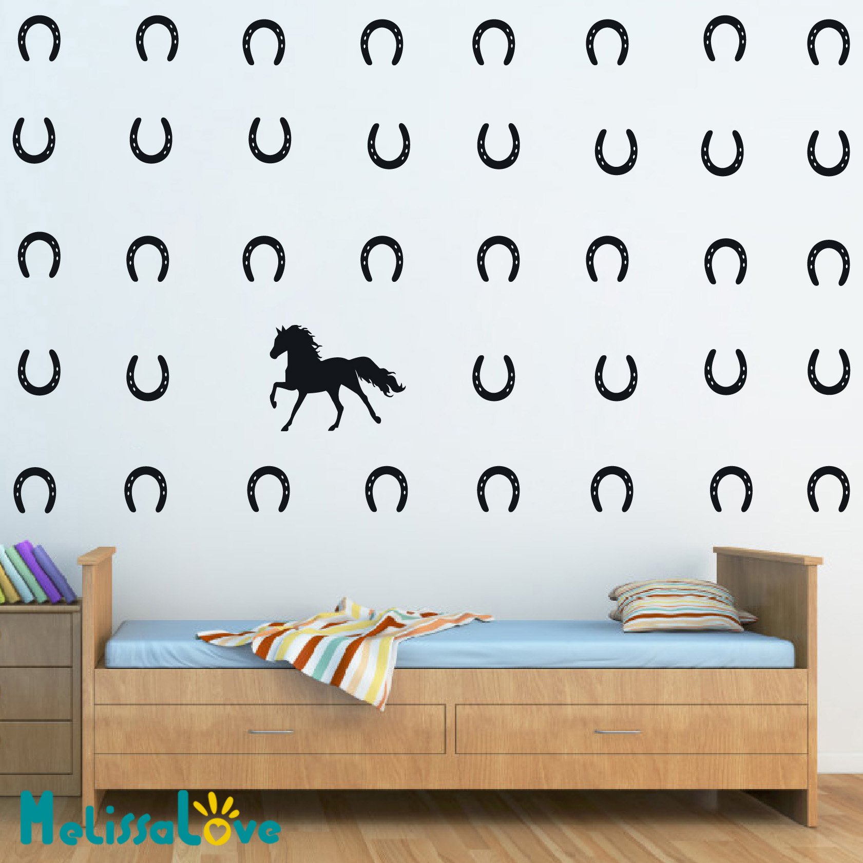 DXLING Horse & Horseshoes Removable Wall Decor Stickers Vinyl Decal Kids Room Boys Bedroom Wall Art Decals DIY Sticker Home Decor D482 (Black)