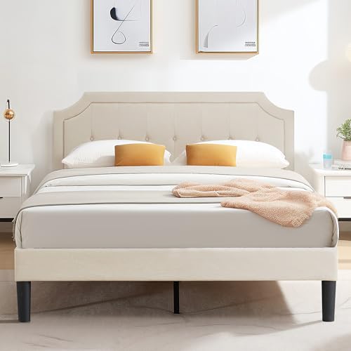 VECELO Full Size Platform Bed Frame with Fabric Upholstered Headboard and Wooden Slats Support, No Box Spring Needed/Easy Assembly,Beige