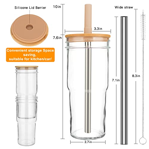 Cafezi 24oz Mason Jar Drinking Glasses with Bamboo Lids and Straws 2 Pack,Reusable Boba Cup Smoothie Tumbler Glass Bubble Tea Cup,Iced Coffee Cup,BPA Free, Dishwasher Safe
