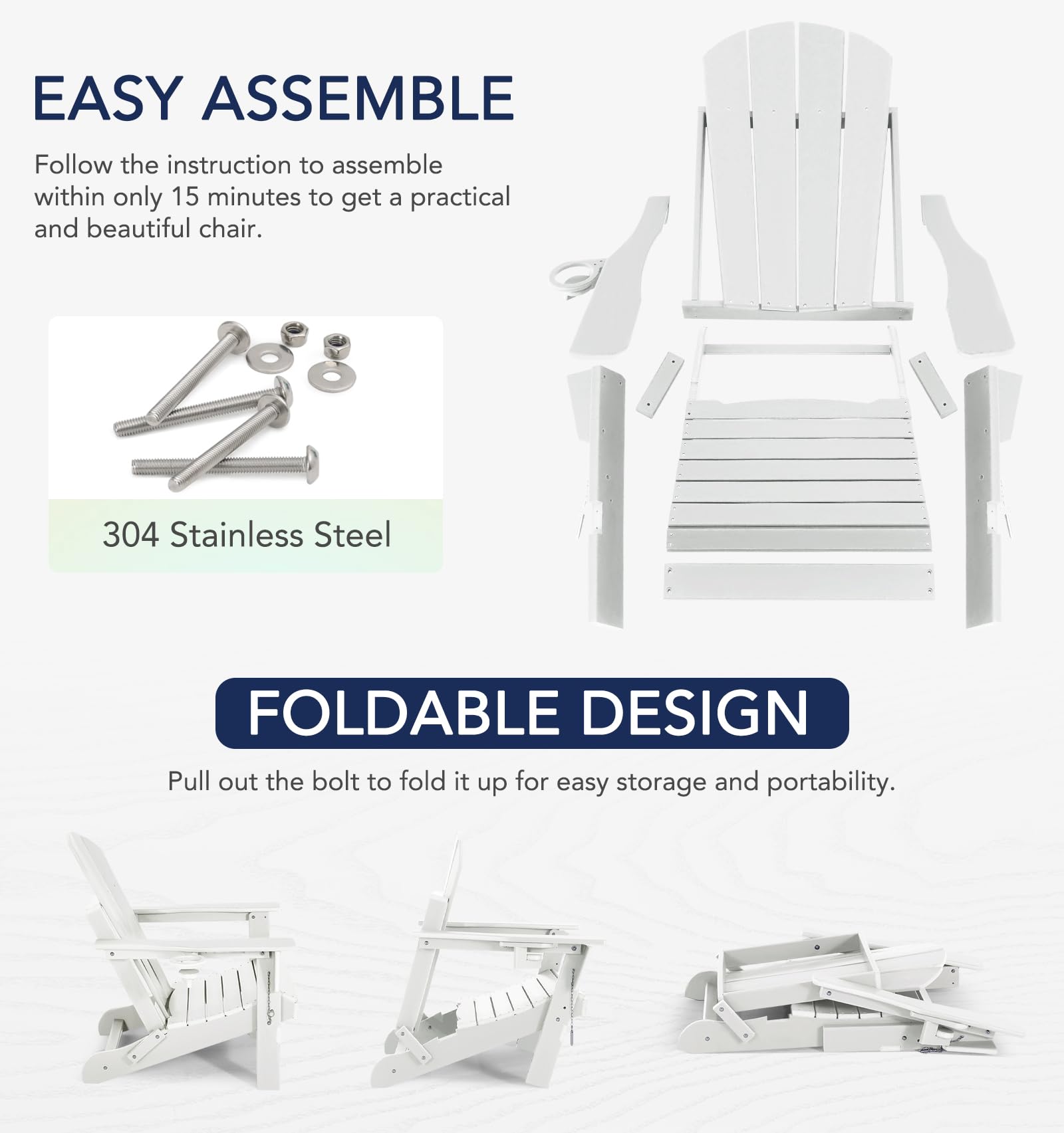 ABCPATIO Folding Adirondack Chair with Footrest - Outdoor Weather Resistant Plastic Adirondack Chairs with Detachable Ottoman, Stackable Seating with Cup Holder for Patio (Seat Width 21.6",White)