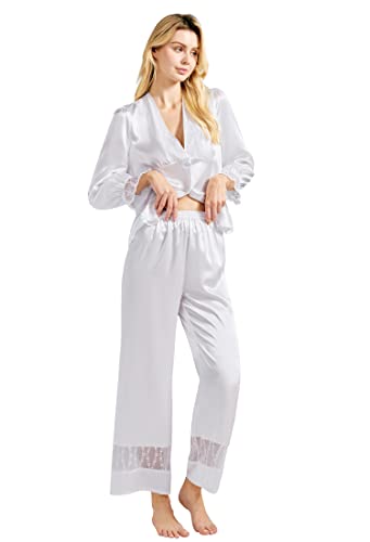 AW BRIDAL 2Pcs Comfy Womens Loungewear Set Pj Set V-Ncek Silk Pajamas For Women, Long Satin Pajamas Women, White, L| Bridal Party Pajamas Bride Gifts Bridesmaid Gifts For Wedding Day