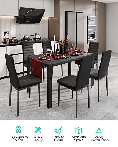 Bealife Kitchen Dining Table Set for 6, Tempered Glass 7 Piece Table and Chairs Set Modern for Home, Kitchen, Living Room, Dining Room,Black