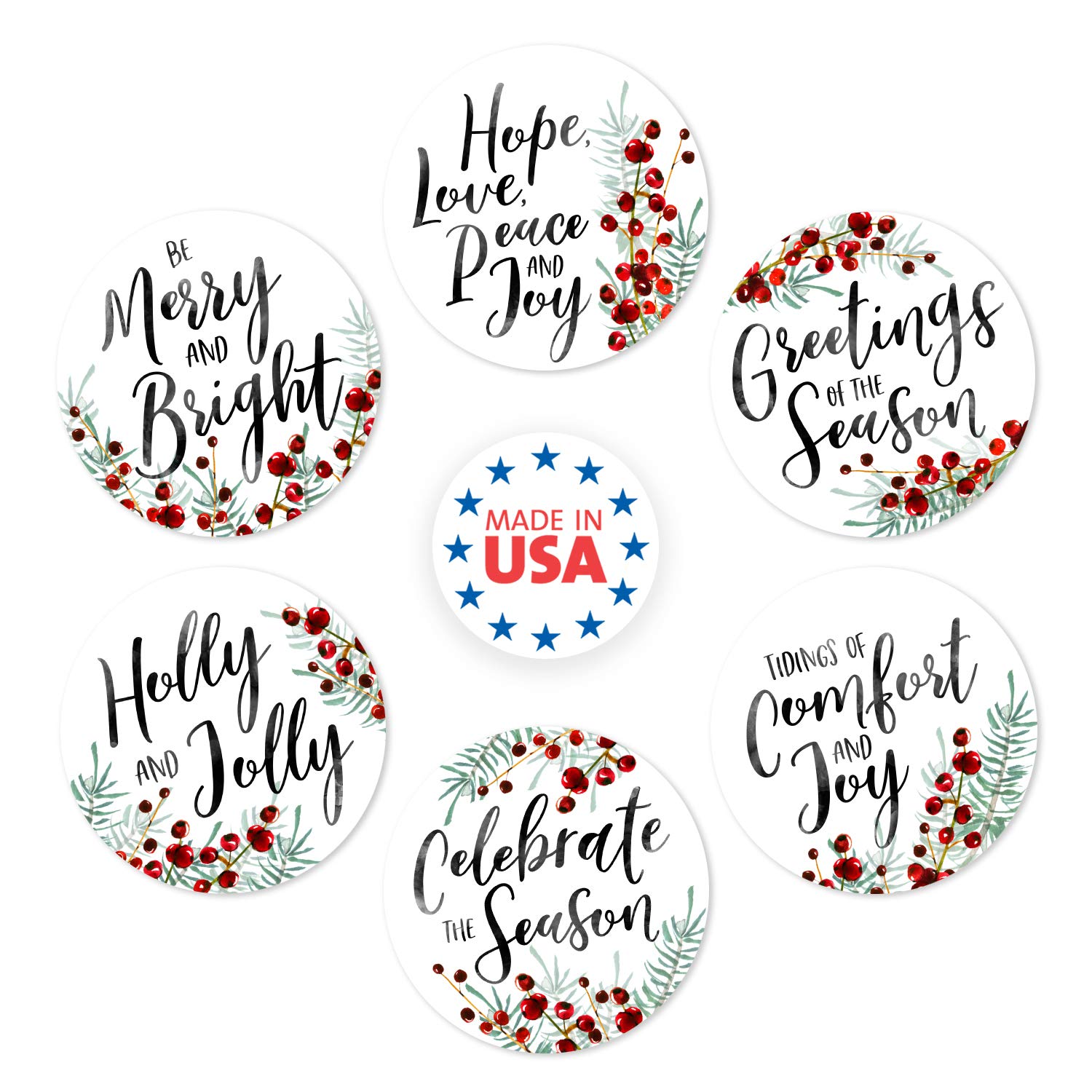 Holly Berry Holiday Stickers / 500 Greenery Greeting Card Envelope Seals / 6 Alternating Watercolor Christmas Sticker Designs / 1.5" Rustic Christmas Labels