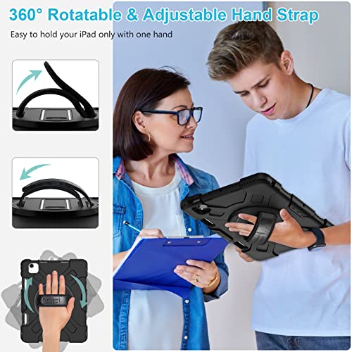Case for iPad Air 5th/4th Generation: Military Grade Protective Cover iPad Pro 11 Inch Case & iPad Air 5/4 Case 10.9 Inch (2022/2020) W/Pencil Holder- Stand- Handle- Shoulder Strap- Black