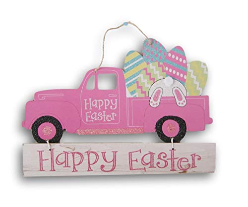 Happy Easter Truck Glittery Decor Sign with Jute Hanger - 13.5 x 9.75 Inches (Pink)