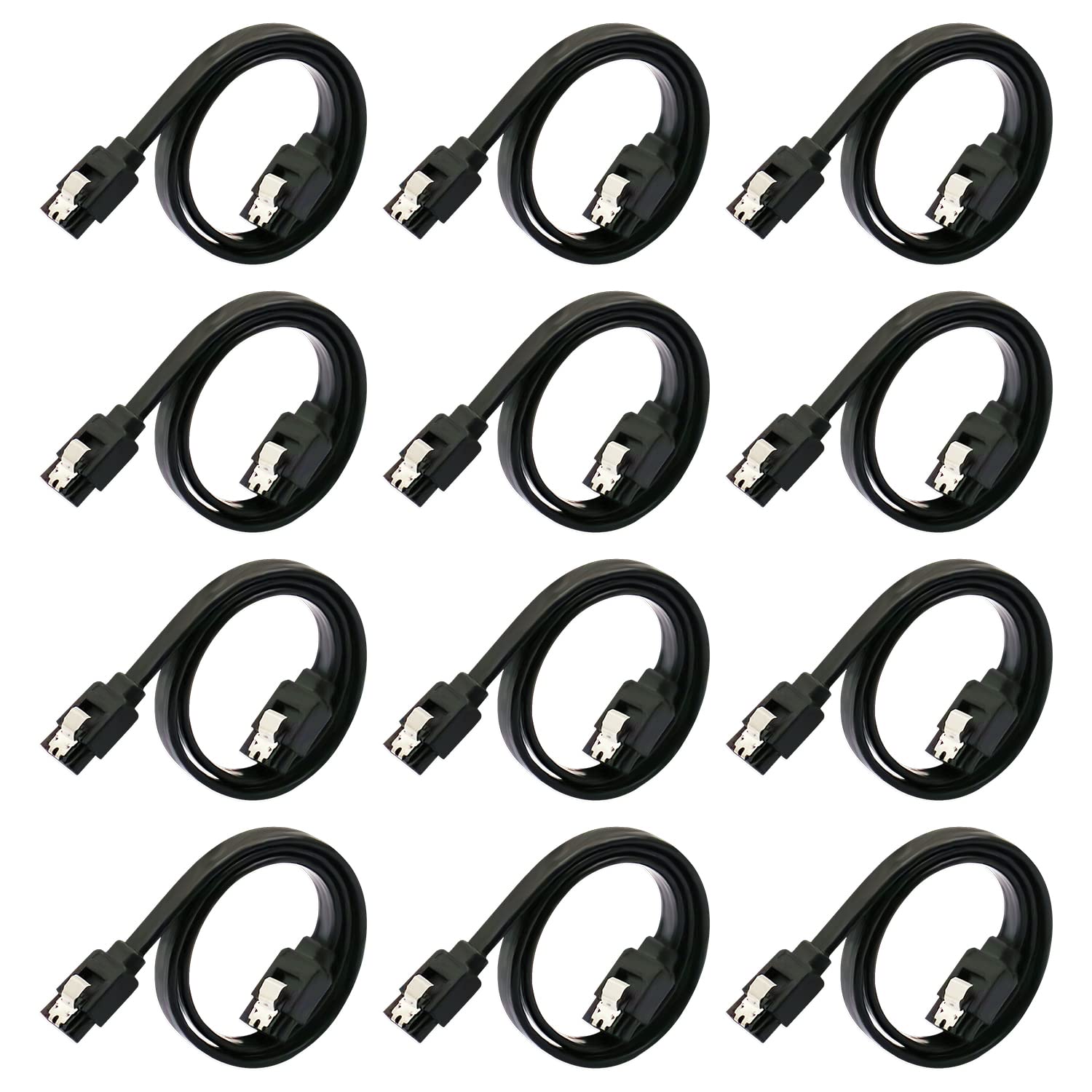 DaFuRui 12-Pack SATA III Cable，SATA III 6.0 Gbps Data Cable Straight Black with Locking Latch 16 Inches SATA Cable Pack for HDD、SSD、CD and DVD Drives