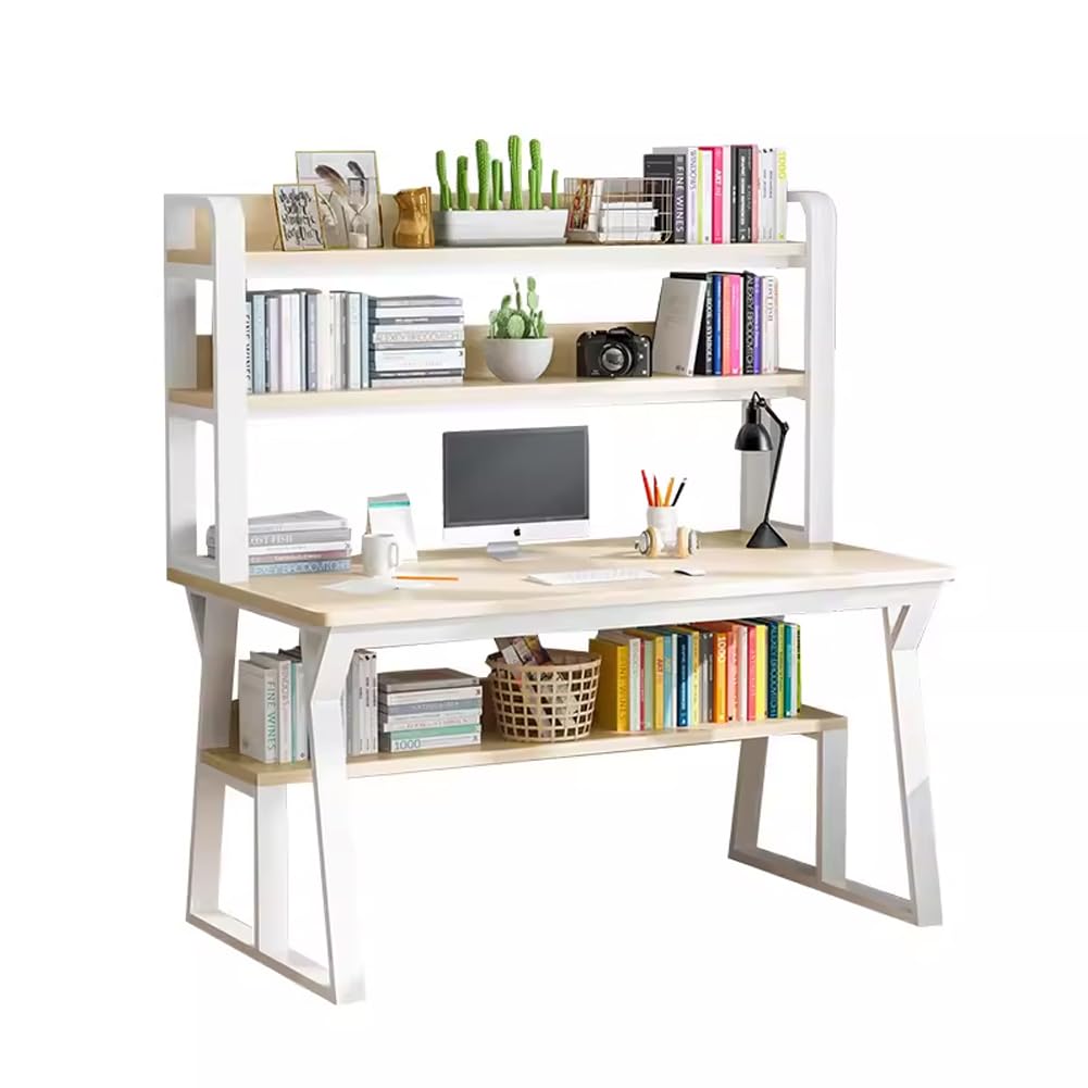 Large Computer Desk with 3-Tier Storage Shelves, Office Desk Study Table Writing Desk Workstation with Bookshelf for Home Office (Wood Color, 39inch)