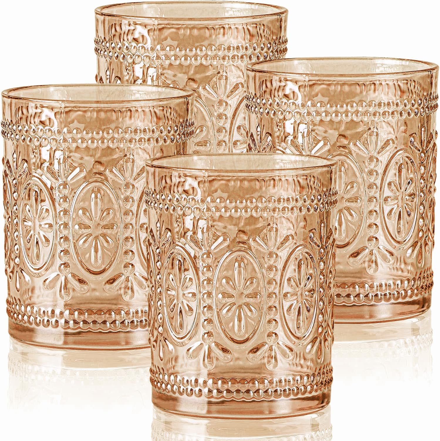 abrwyy Amber Glassware set of 4, Vintage Drinking Glasses, 10oz Heavy Duty Glass Cups, Colored Glassware Set, Embossed Glasses Set for Party Wedding Home Office Gift