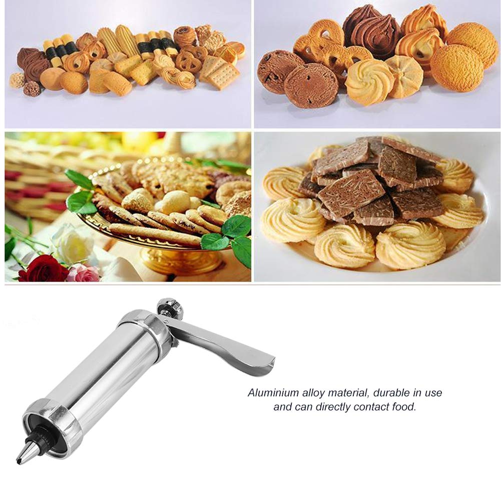 9.8x5.9in Cookie Press Maker Aluminium Alloy Cookies Biscuits Press Maker Mold Kit with 7 Piping Nozzle,13Cookies Mold,Cream Laminator Pastry Piping DIY Laminating Gun for Making Cake Decorating