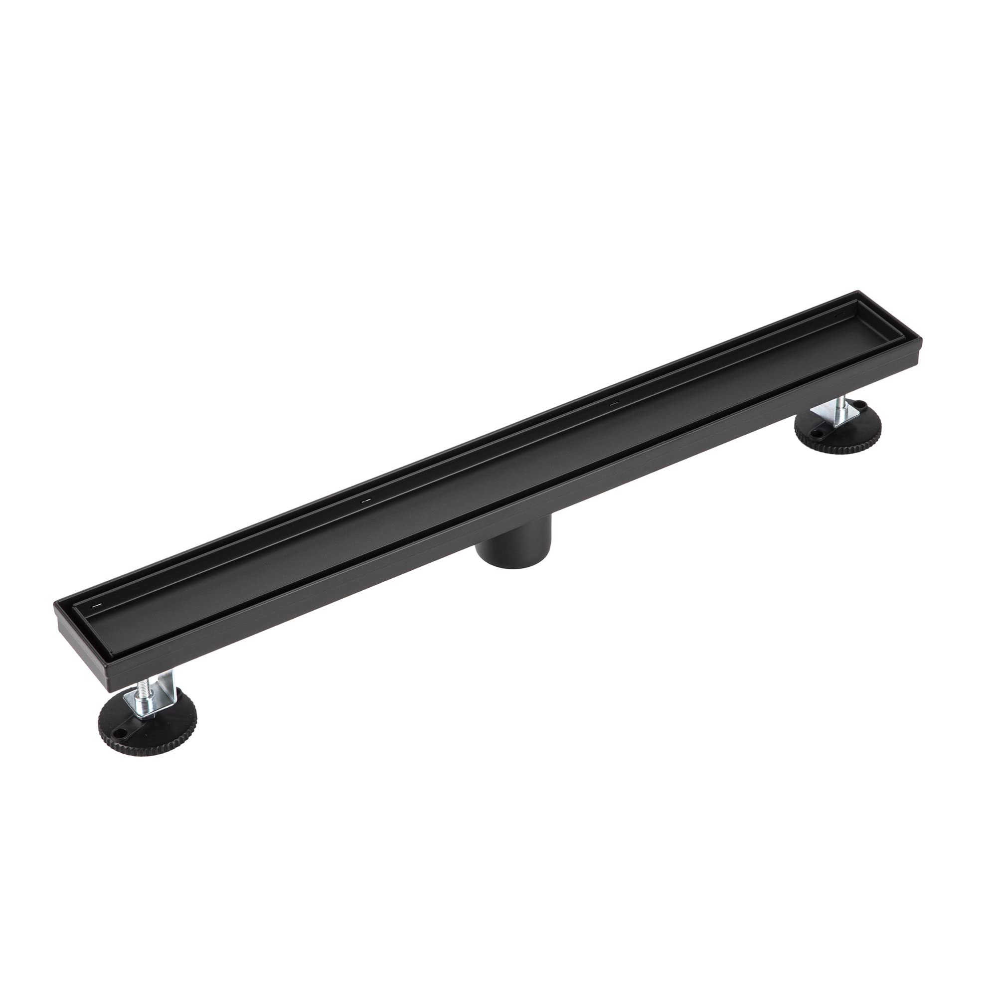 24 inch Linear Shower Drain with Removable Square Hole Panel by Using 304 Stainless Steel Process, Linear Drain Equipped with Adjustable Feet and Hair Strainer(Matte Black Color)