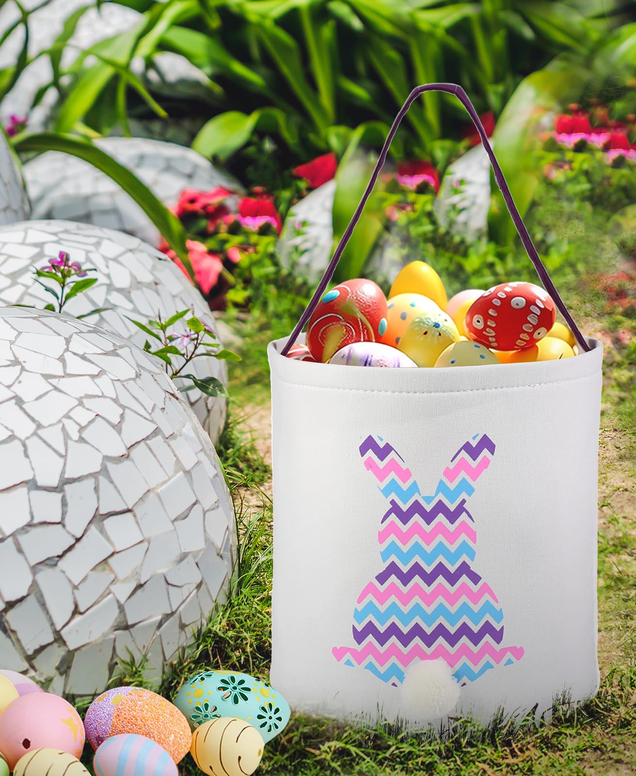 E-FirstFeeling Easter Basket Canvas Egg Hunt Easter Bunny Basket Candy Basket Rabbit Easter Bucket Bag for Easter Party (multicolor)