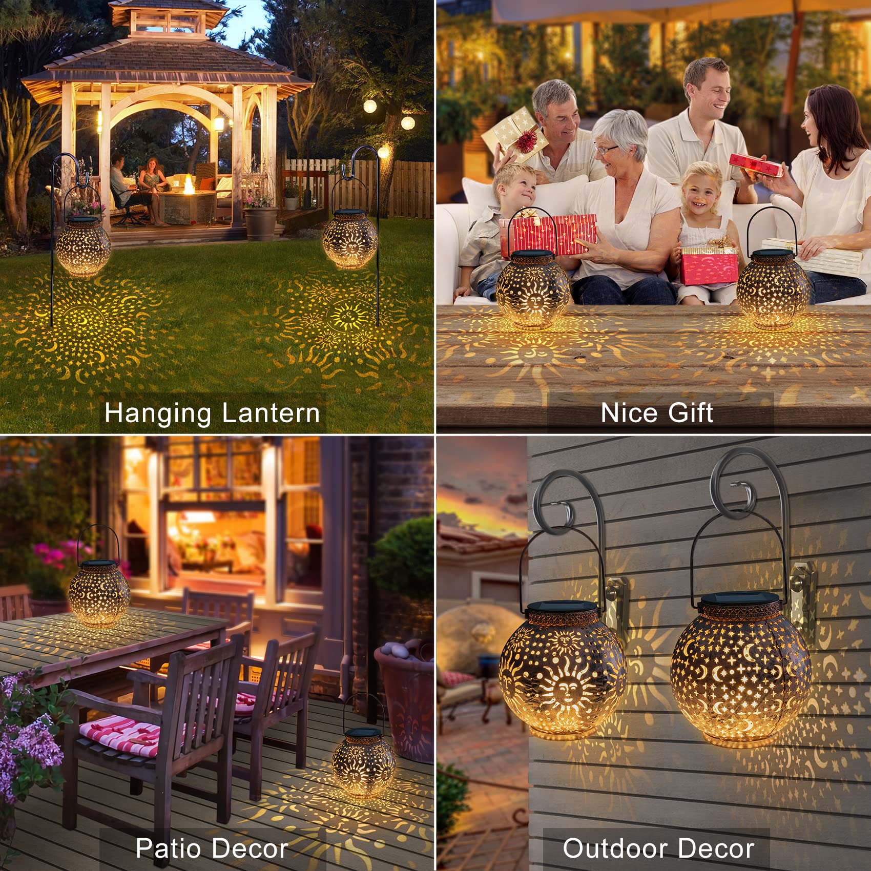 2Pcs Solar Lanterns Outdoor Hanging Garden Lights Decorative Metal Moon Star Sun Solar Lanterns for Table, Patio, Yard, Walkway Decorations Waterproof (Bronze)