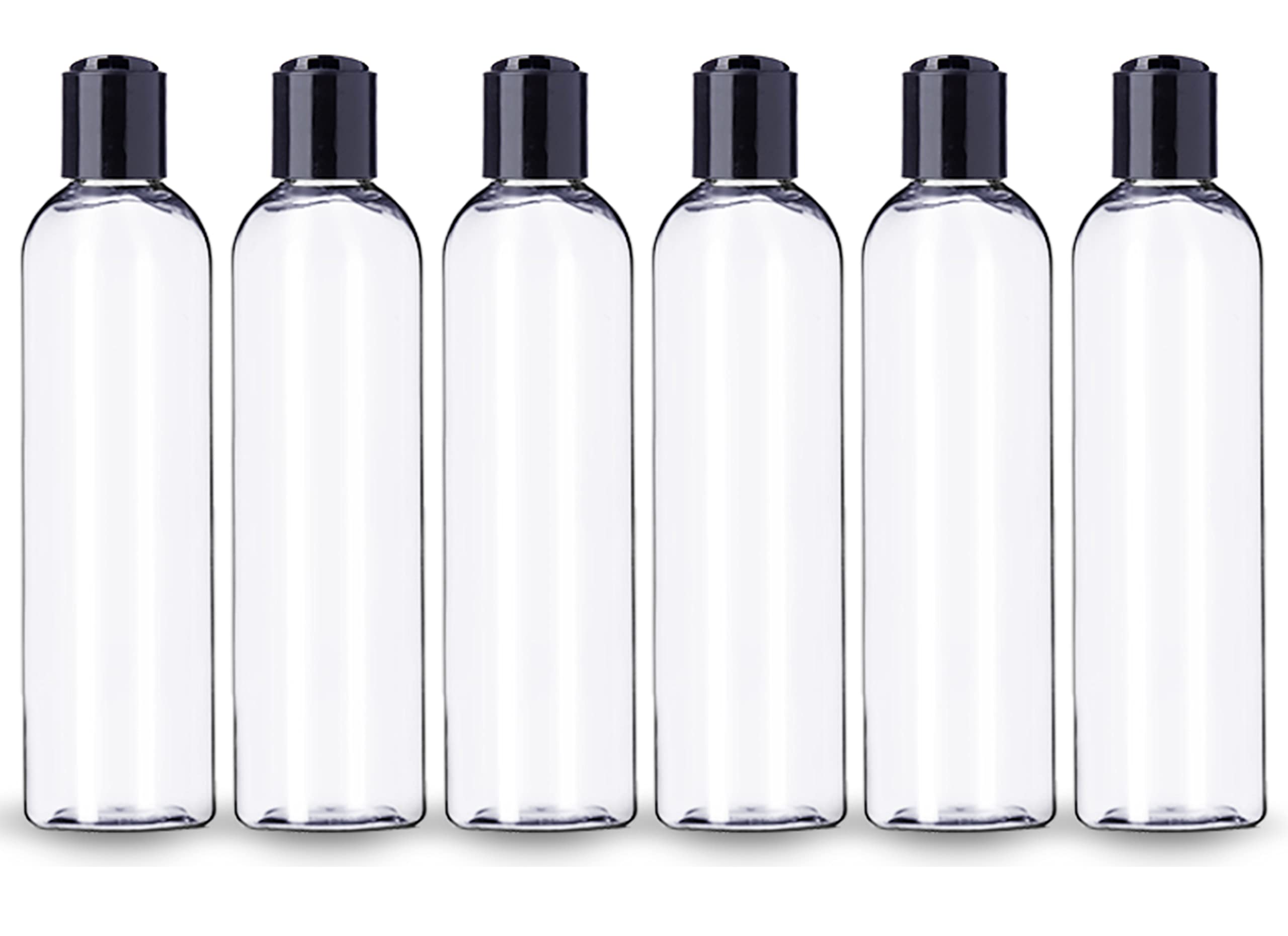 ljdeals 8 oz Clear Plastic Empty Bottles with Black Disc Top Caps, Refillable Containers for Shampoo, Lotions, Cream and More Pack of 6, BPA Free, Made in USA