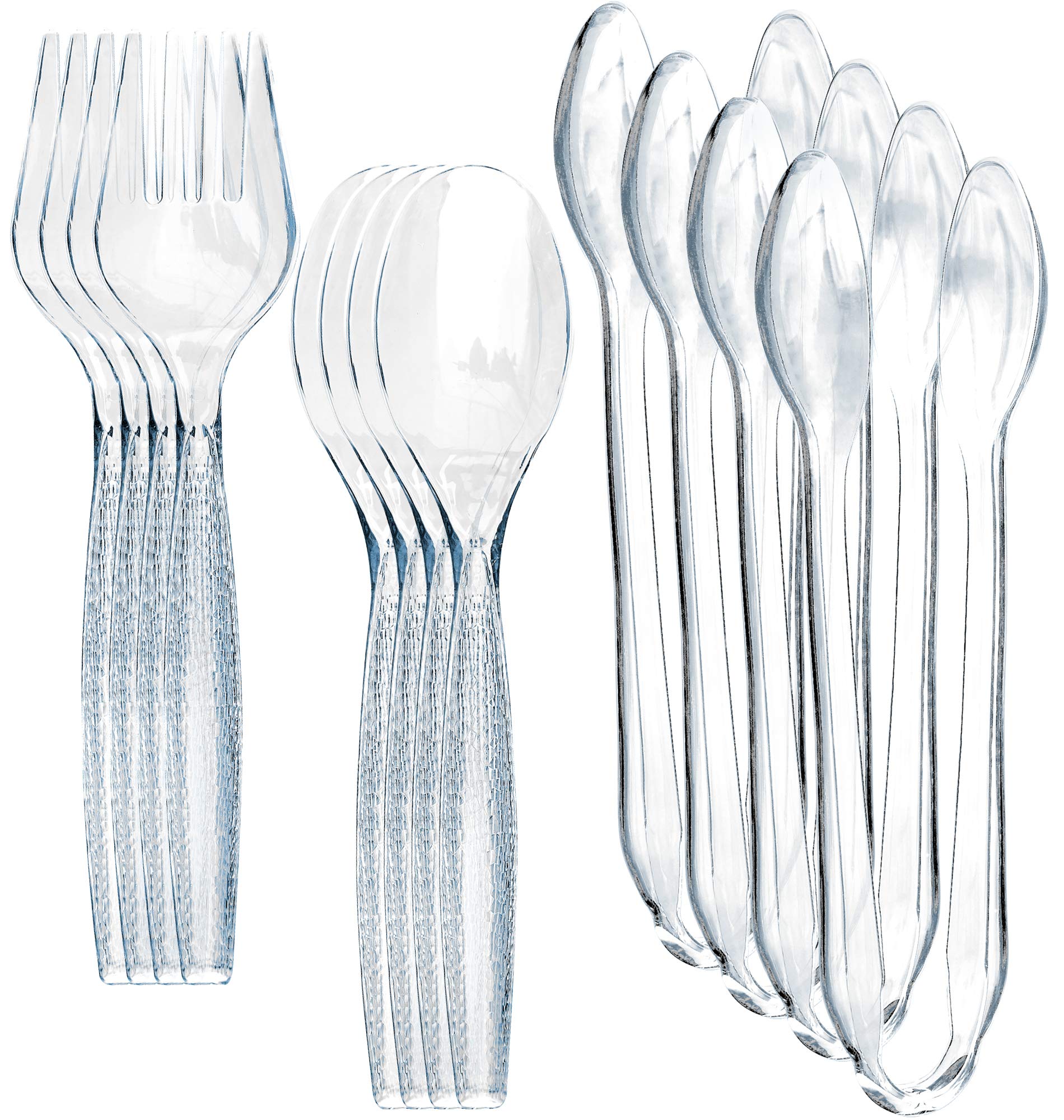Prestee 15 Piece Transparent Plastic Disposable Serving Utensils Set - 10" Spoons, Tongs, Forks - Disposable Serving Trays and Platters for Kitchen Dining, Buffet Cutlery Sets, Serving Trays (15pk)