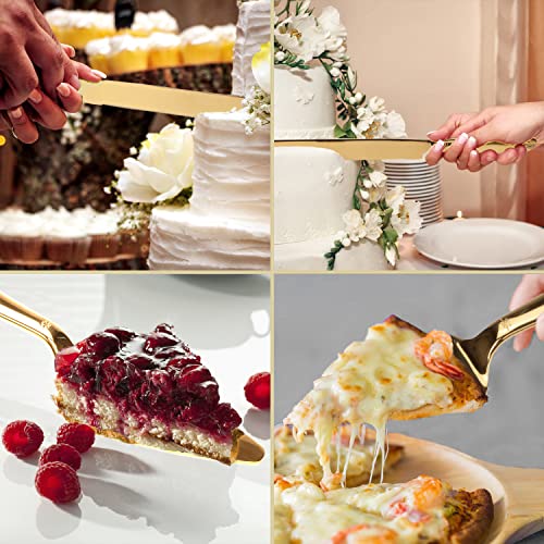 Cake Cutting Set for Wedding, Elegant Cake Knife and Server Set with Thickened Stainless Steel and Rounded Edges, Cake Cutter and Pie Spatula for Birthday Anniversary Christmas Gift Set of 2, Gold