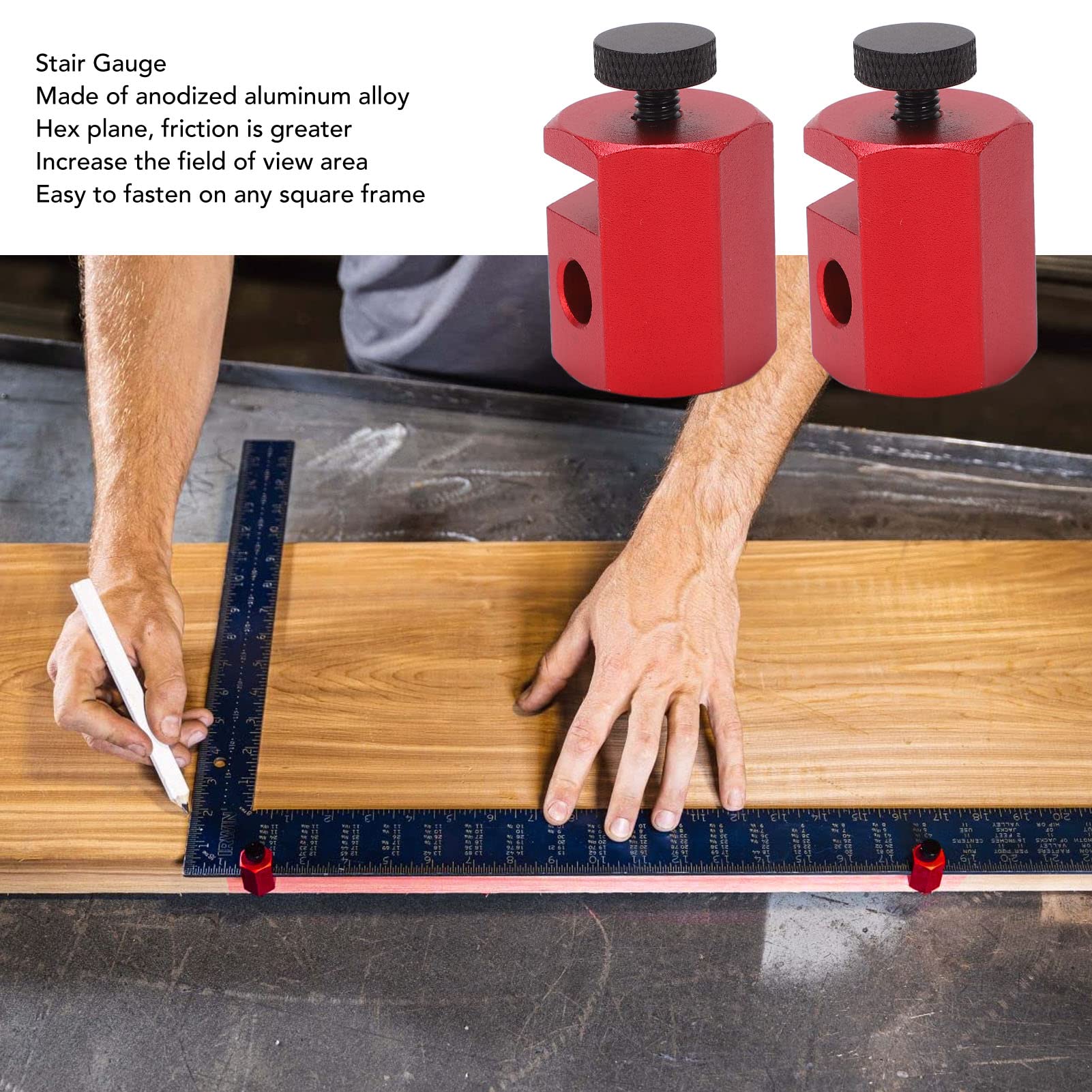 2PCS Stair Gauges for Framing Square, Layout Stringer Jigs Rafter Block, with Knurled Thumbscrew, Red Anodize Aluminum Alloy