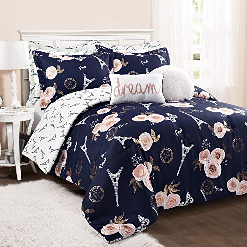Lush Decor Navy Vintage Paris Rose Butterfly 7-Piece Comforter Bed Set, Reversible Bedding (Full/Queen)