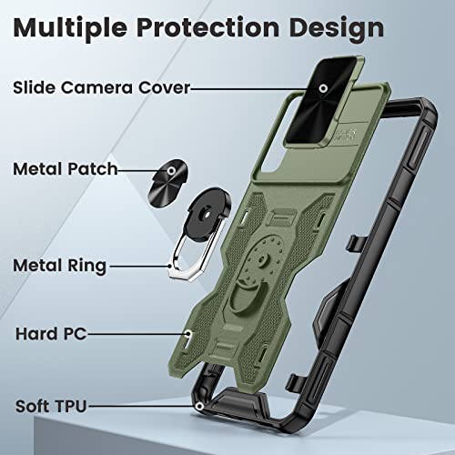 Caka for Samsung Galaxy S22 Case, Galaxy S22 Case with Camera Cover & Kickstand with Built-in 360° Rotate Ring Stand Magnetic Magnet Protective Phone Cover Case for S22 5G 6.1 Inch -Green