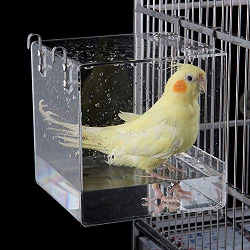 S_HomeStore Hanging Bird Bath, Bird Bathtub Cube Bath Shower Box Bowl with Metal Hooks for Little Birds Canary Budgies Parrot
