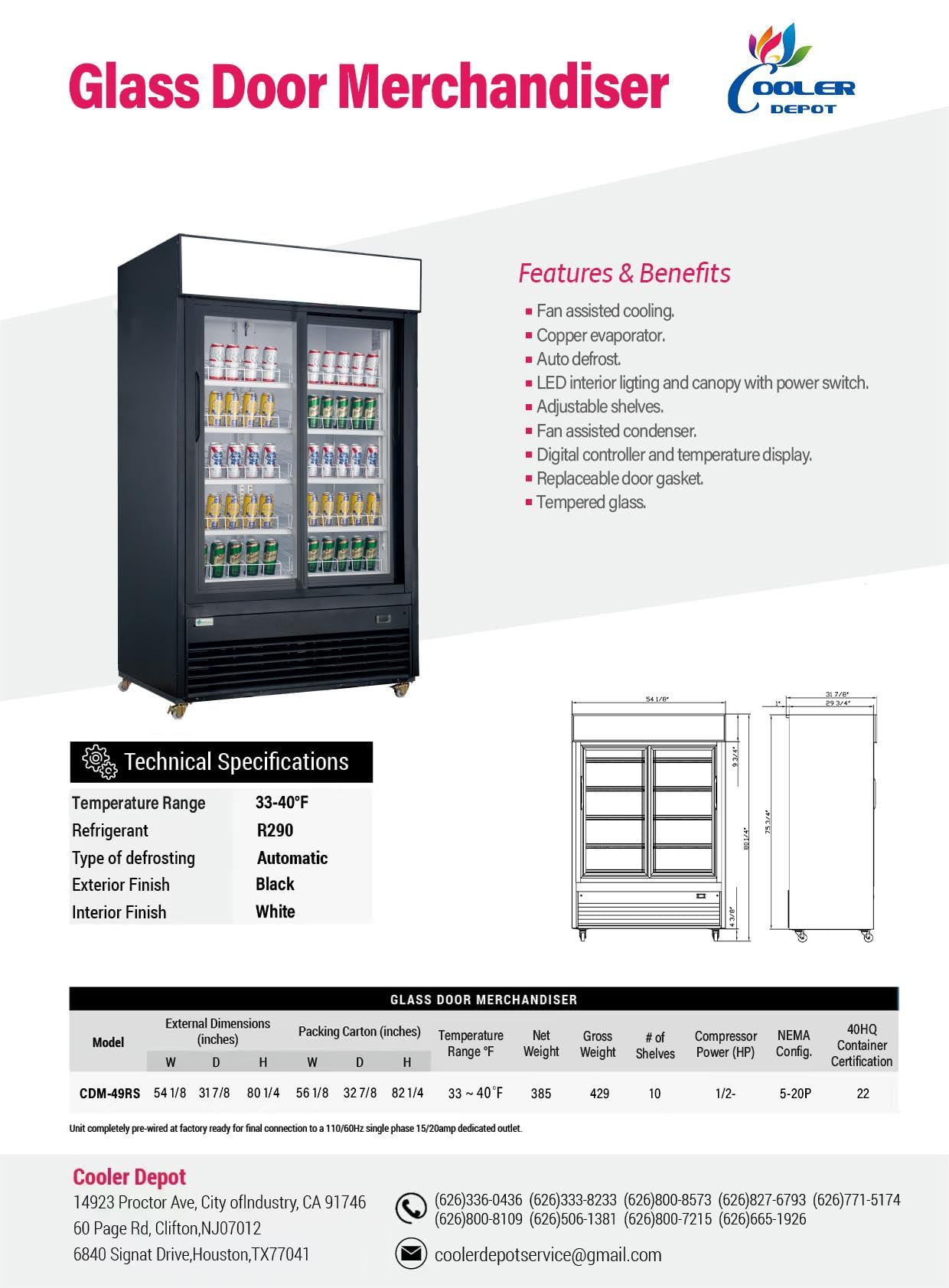 Commercial Refrigerator Glass 2-Door Sliding Door Merchandiser Display Cooler Case Fridge NSF, Bottom-Mounted, 54 inches width, capacity 47 cuft 110V, Restaurant Kitchen CDM-49RS