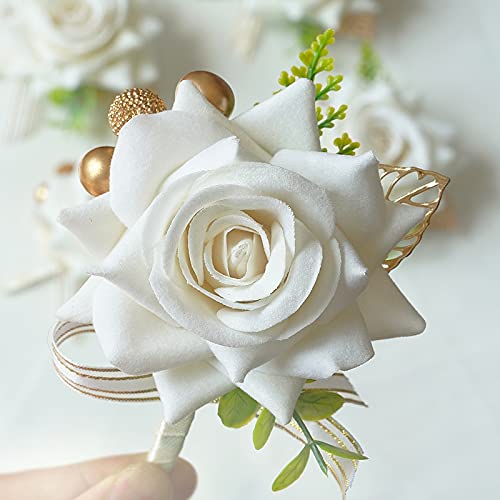 BASIMAN Boutonniere for Men Wedding White Rose Corsage Wristlet Band Bracelet for Women Bride Bridesmaid Wrist Corsage (2Pcs White Rose Set)