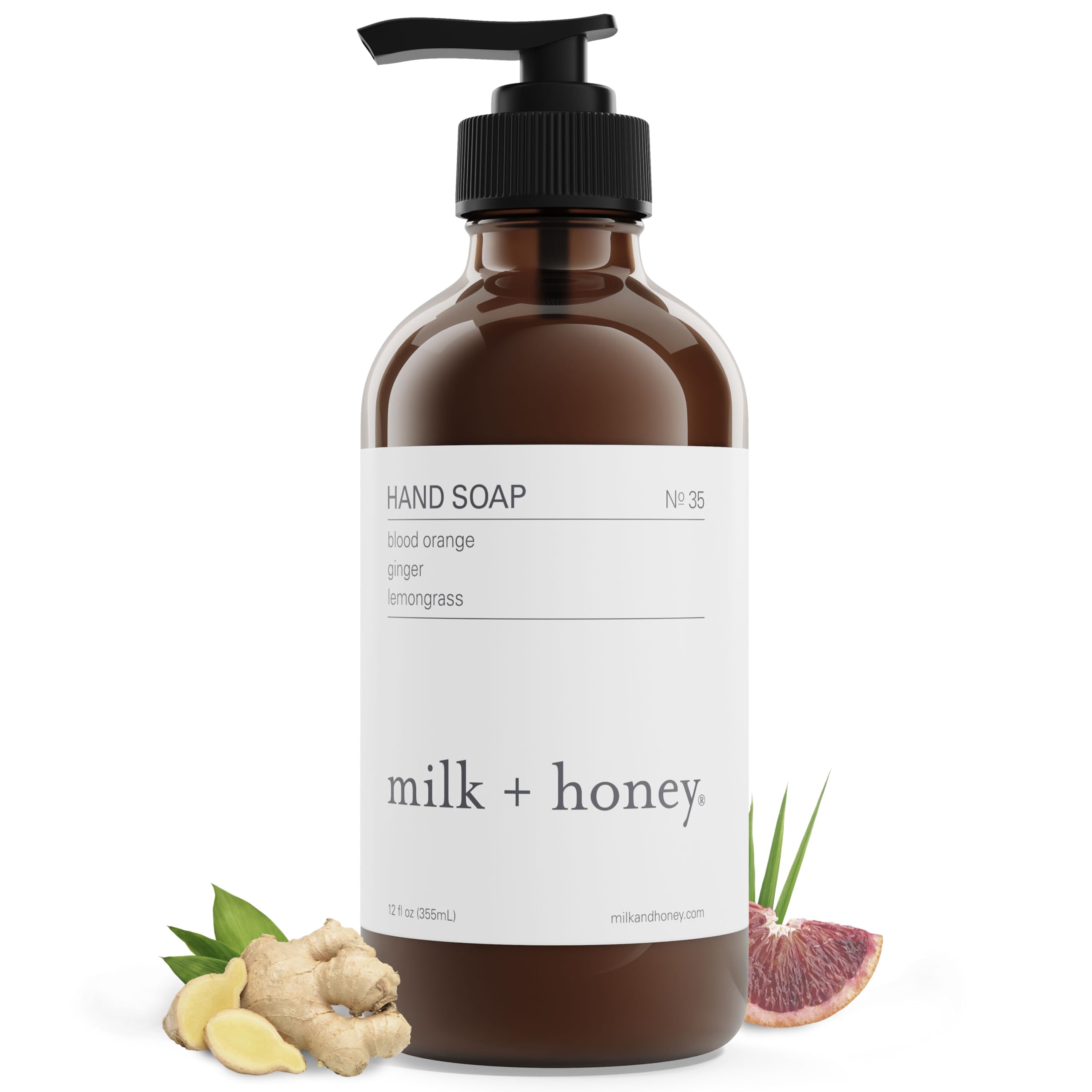 milk + honey Liquid Hand Soap No. 35, Moisturizing Hand Soap with Blood Orange, Lemongrass, and Ginger, Bright and Citrus Natural Hand Soap, 12 Fl Oz