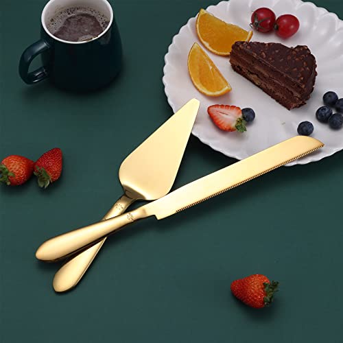 Cake Cutting Set for Wedding, Elegant Cake Knife and Server Set with Thickened Stainless Steel and Rounded Edges, Cake Cutter and Pie Spatula for Birthday Anniversary Christmas Gift Set of 2, Gold
